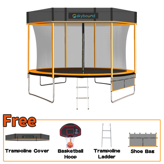 Orange 12ft trampoline with Cover, Below there is a frame that says ...